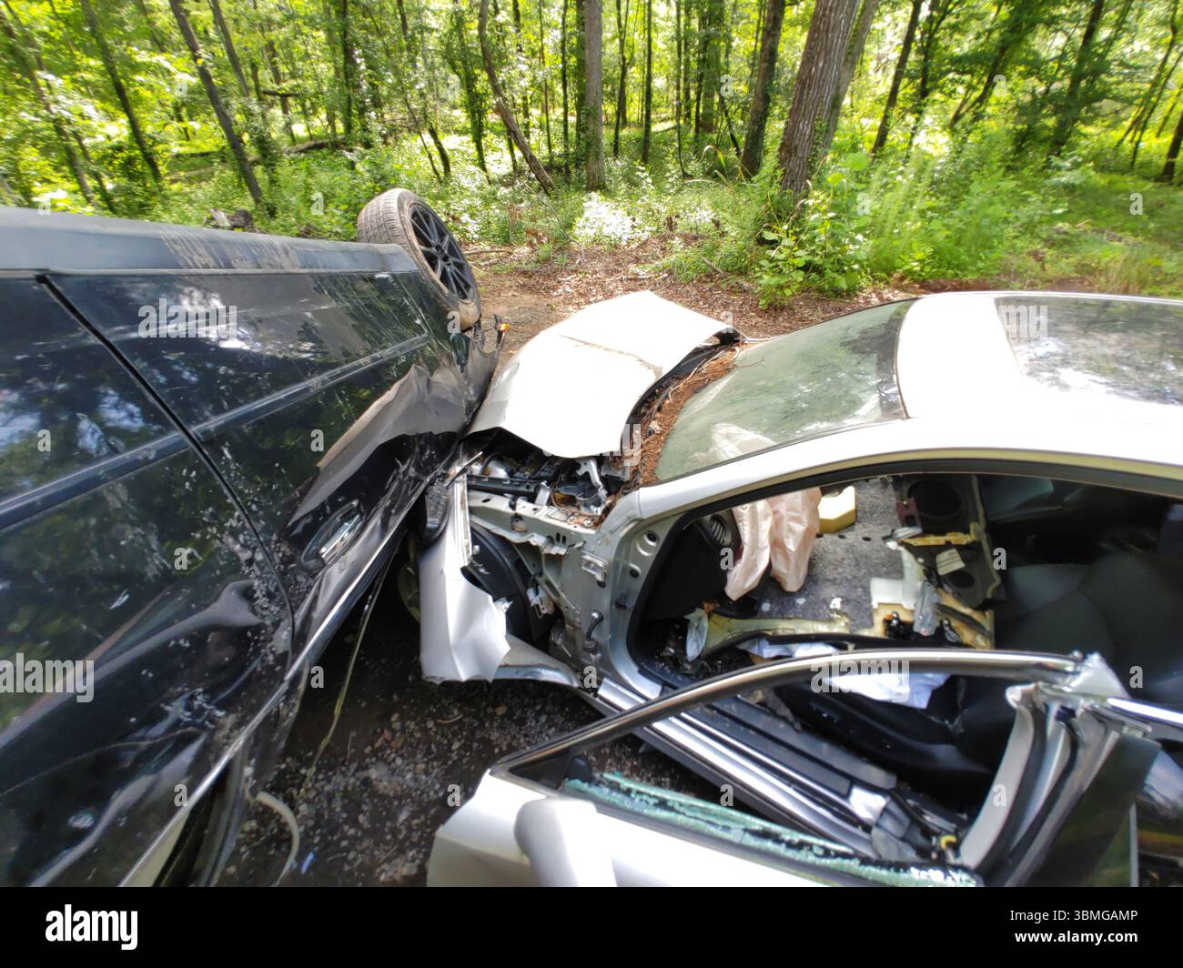 Two cars are heavily damaged after collision on secluded forest road ...