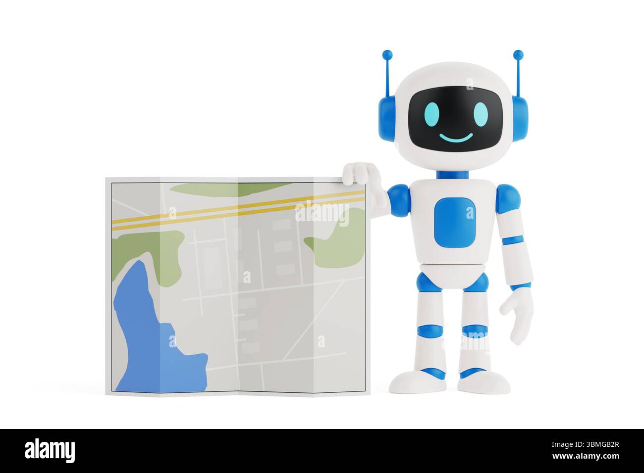 Navigation Technology Concept. Smiling AI Robot Holding City Map On ...