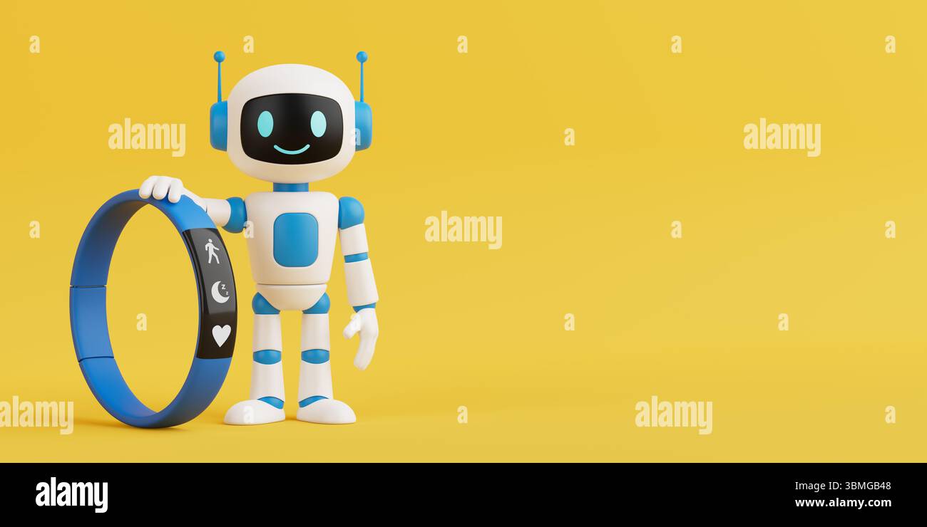 Health Tracking Concept. Cute AI Robot With Smart Fitness Band On ...