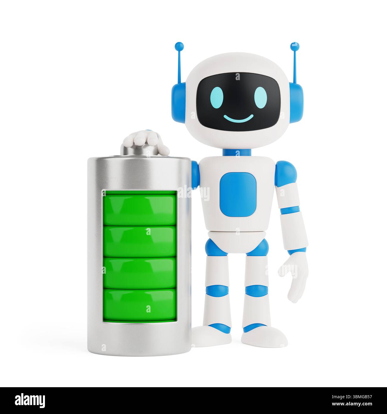 Energy Optimization And Power Supply Concept. Cute AI Robot Standing Next To Fully Charged ...