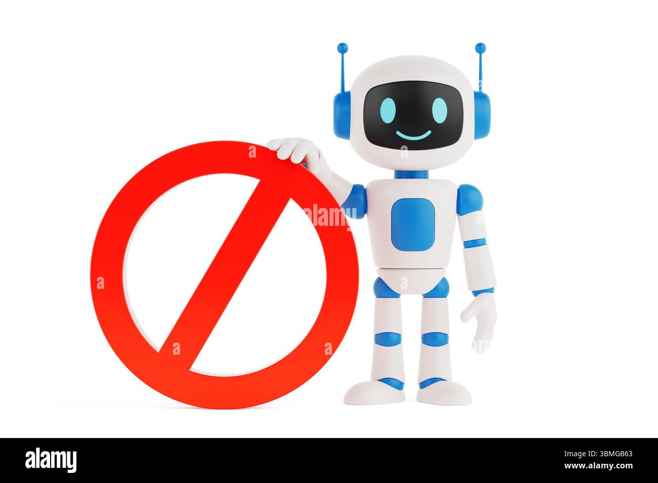 Warning And Restriction Concept. Cute Friendly AI Robot Mascot Holding ...