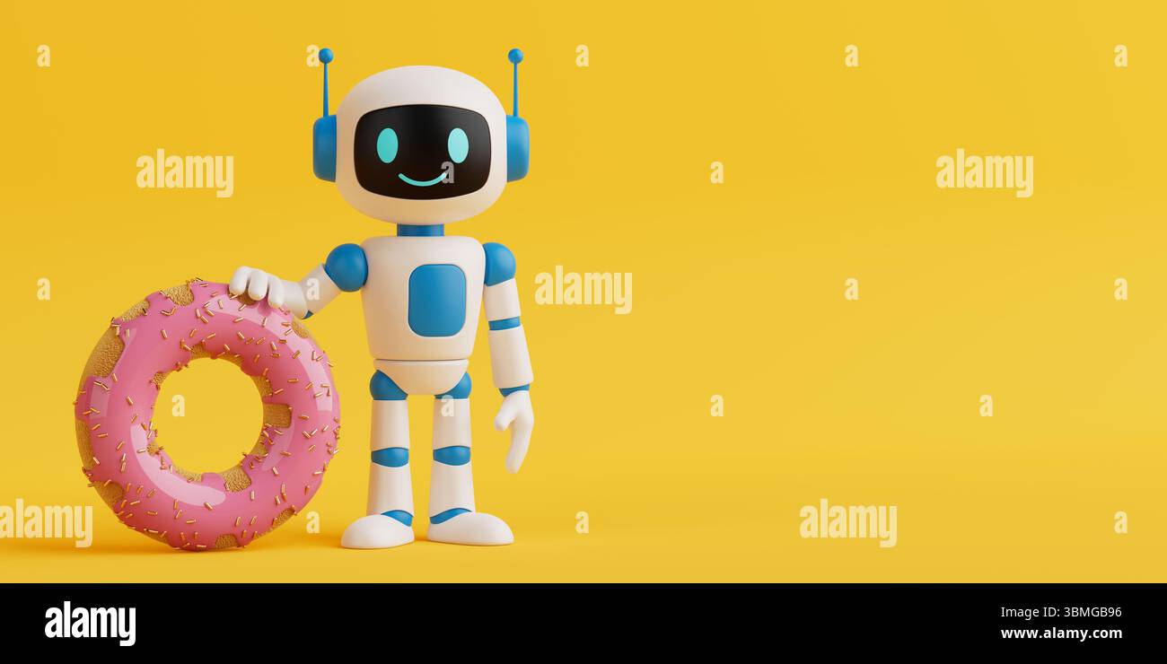 AI Meets Sweet Treats Concept. Friendly AI Robot Holding Giant Pink ...