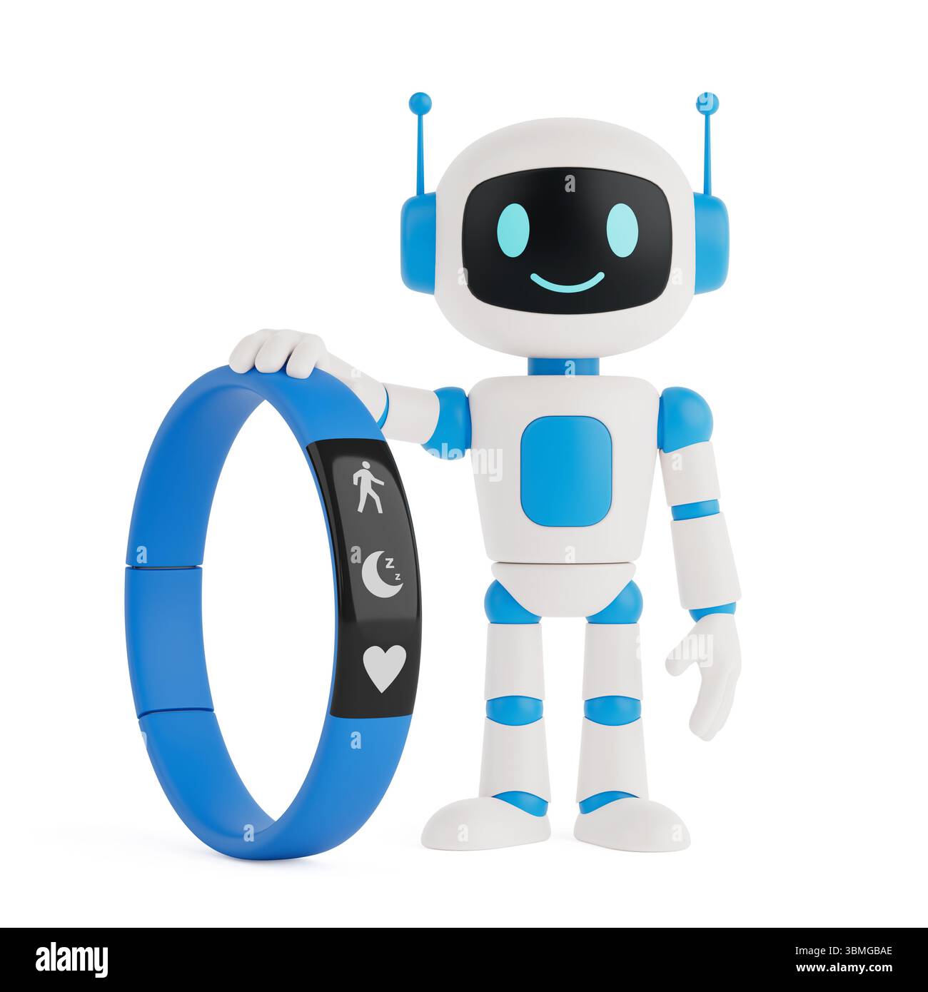 Health Tracking Concept. Cute AI Robot With Smart Fitness Band On White ...