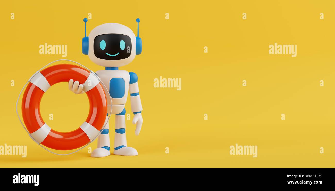 Support And Safety Concept. Cute Friendly AI Robot Mascot Holding ...