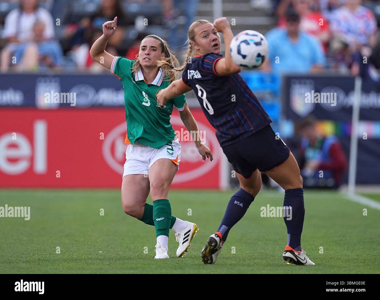 Ireland defender Chloe Mustaki, left, kicks the ball past United States ...