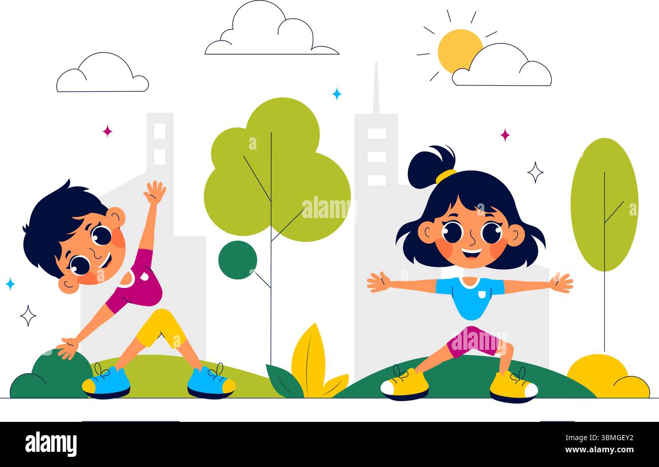 Kids Exercise Vector Illustration Featuring Various Types of Healthy ...
