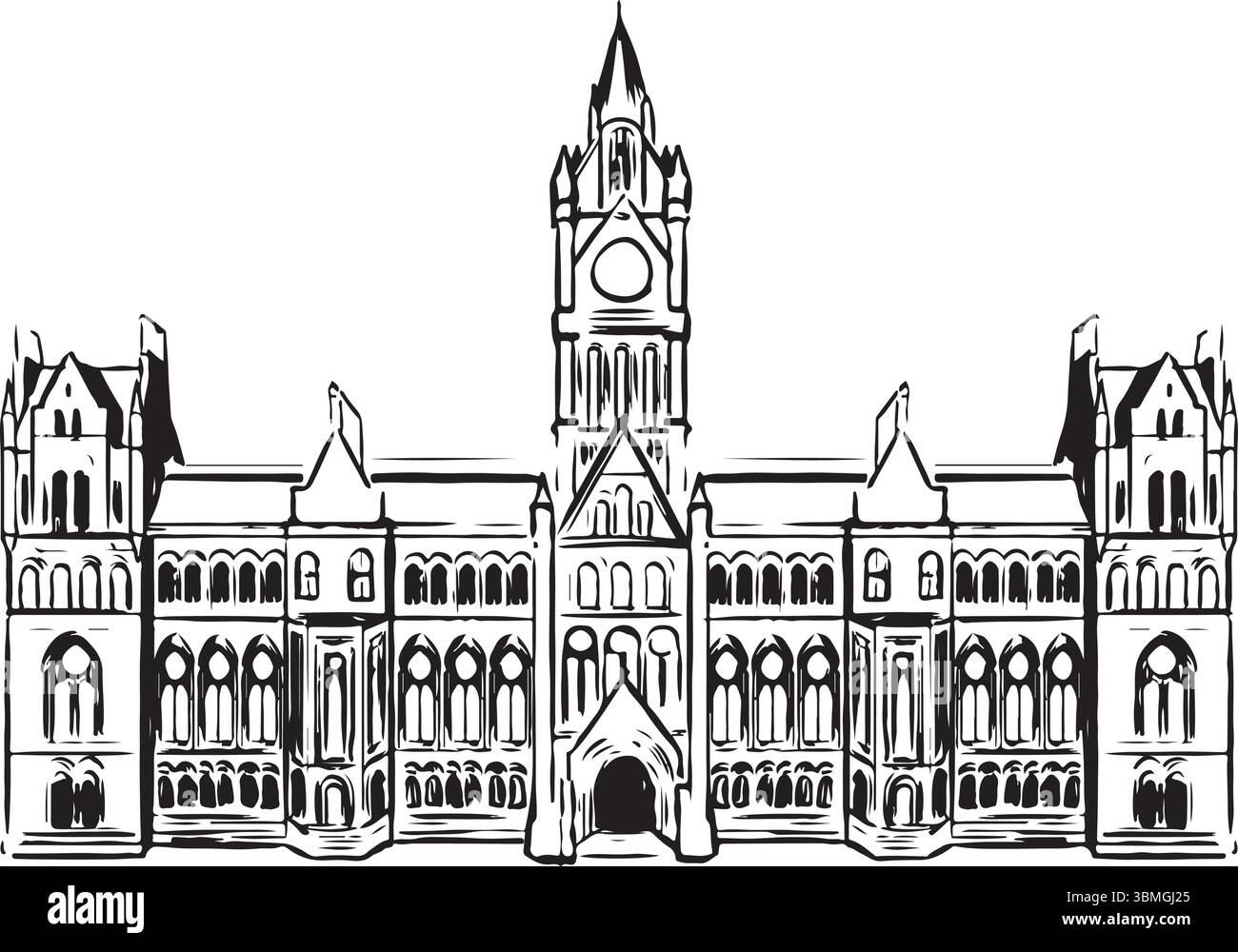 Manchester Town Hall, Manchester, England black and white ink sketch ...