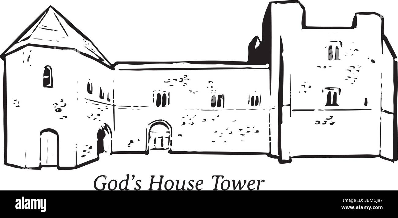 God's House Tower, Southampton, England black and white ink sketch ...