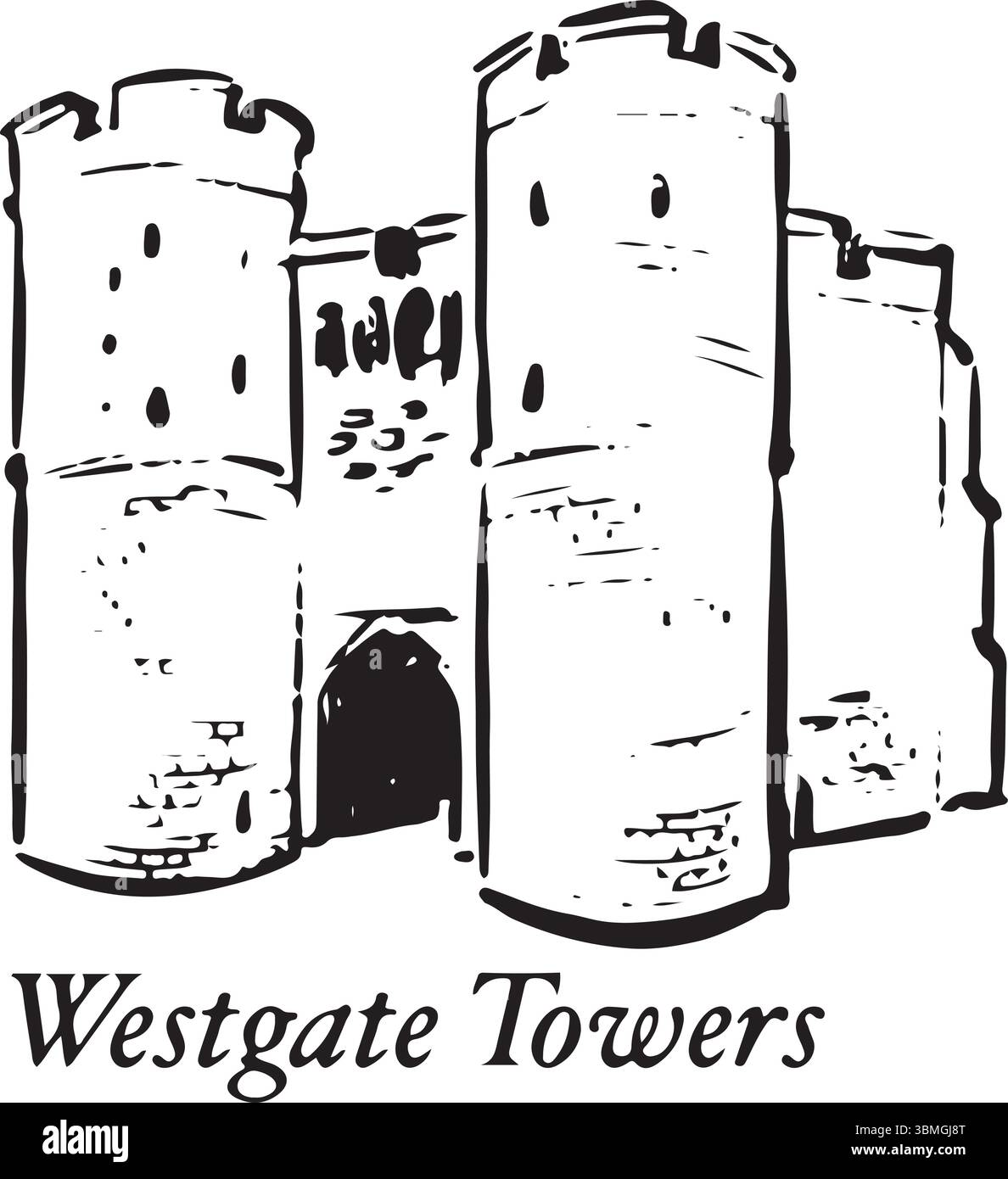 Westgate Towers, Canterbury, England black and white ink sketch ...
