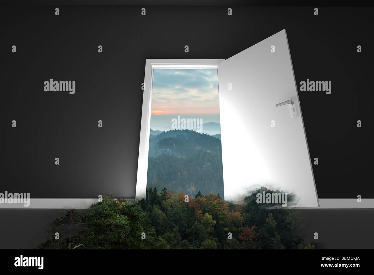 Scenery seen from open door with trees in house Stock Photo - Alamy