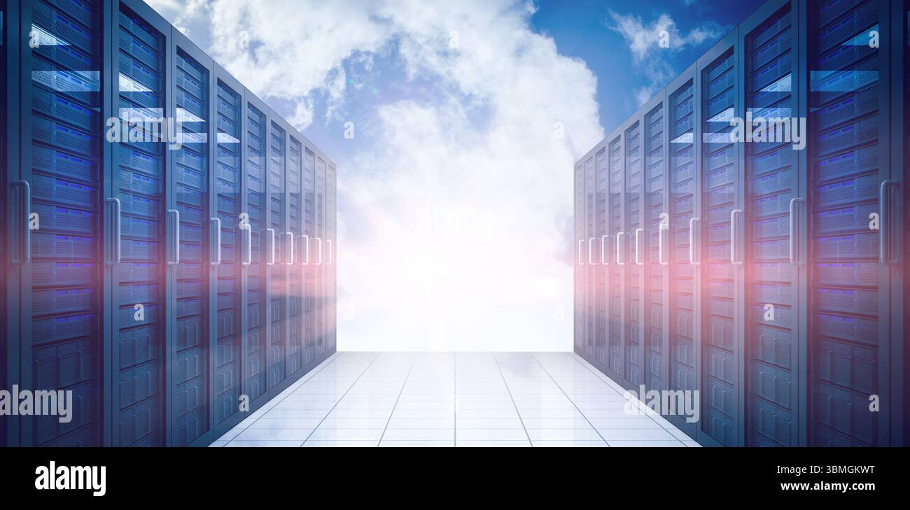 Showing data center corridor opening to bright sky in flat design with ...