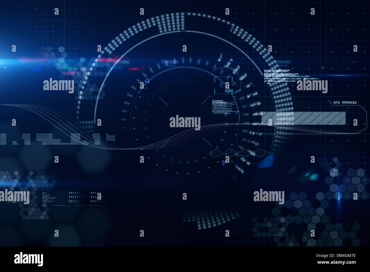 Flat design interface is showing circular HUD over blue grid with hex ...