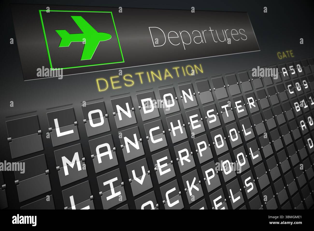 Black departures board for england Stock Photo - Alamy