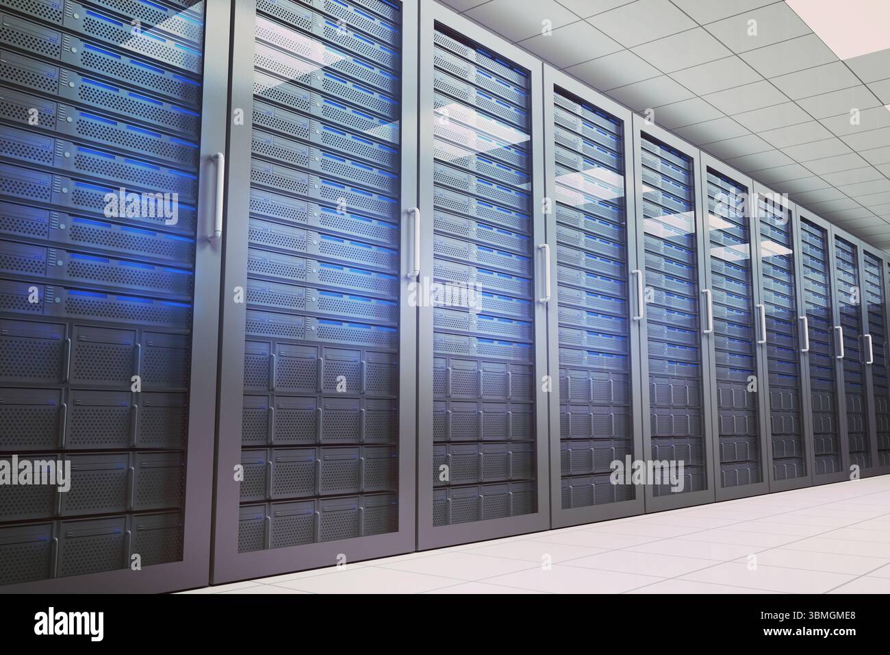 metal server cabinets are lining corridor 3D render showing glass doors ...