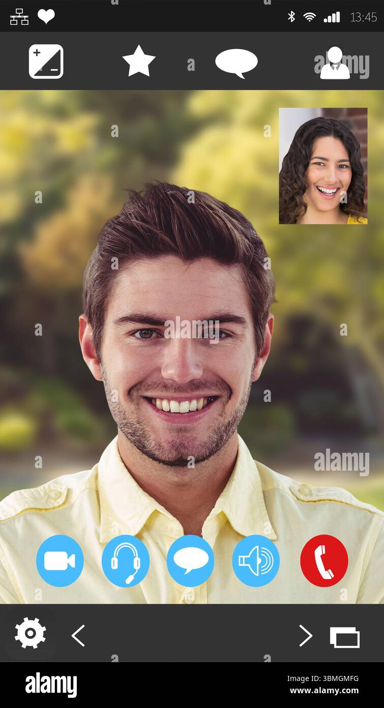 Showing mobile call UI with smiling man and inset woman, status icons ...