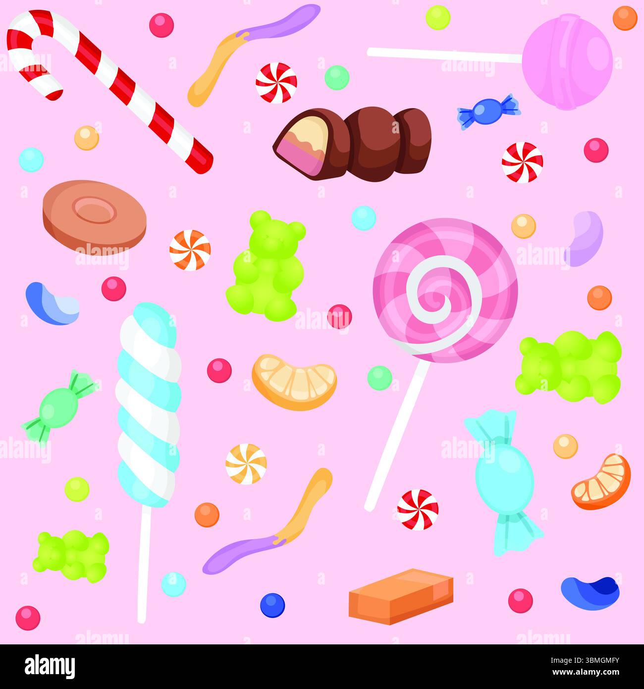 Square image of various sweets, candies, lollipops, gummies and ...
