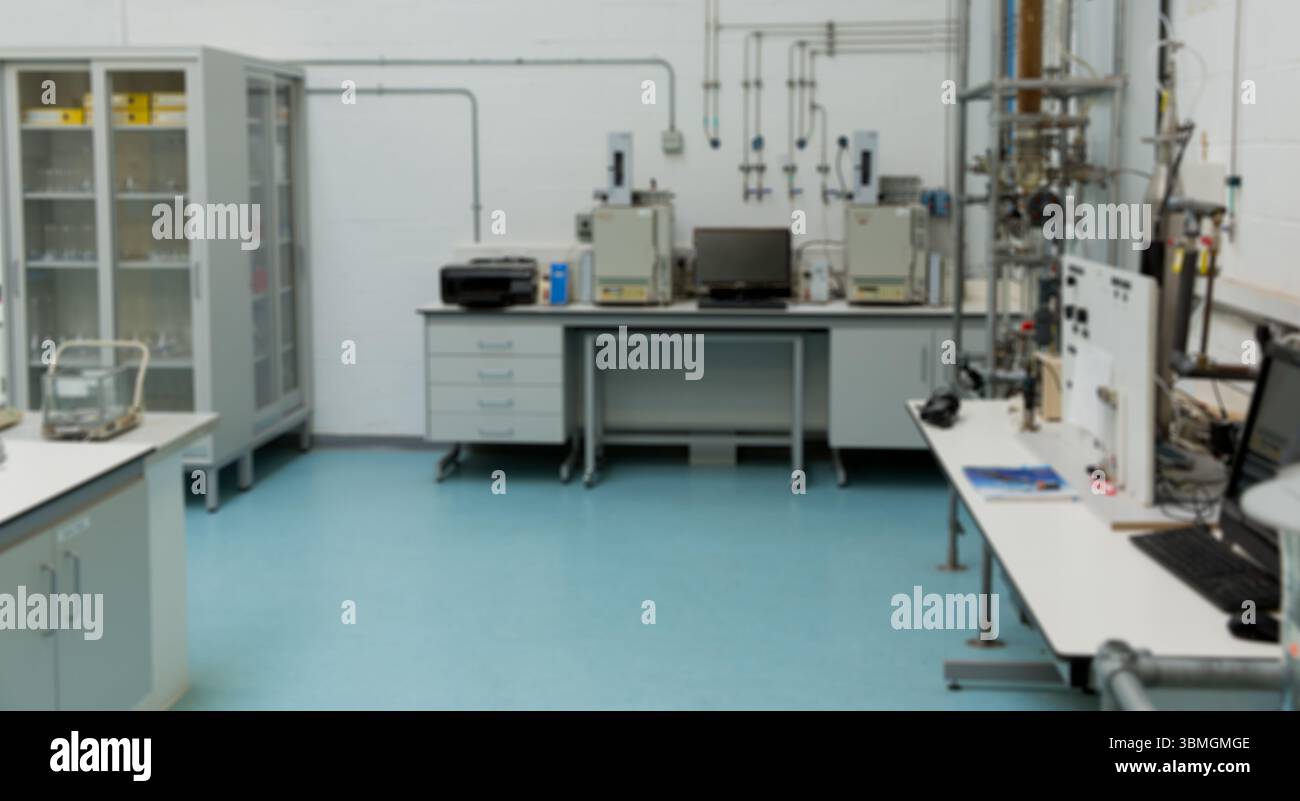 Central laboratory bench is being shown in flat design analytical lab with instruments and ...