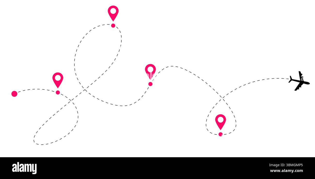 Dotted aircraft route lines with airplane flight paths and curved ...