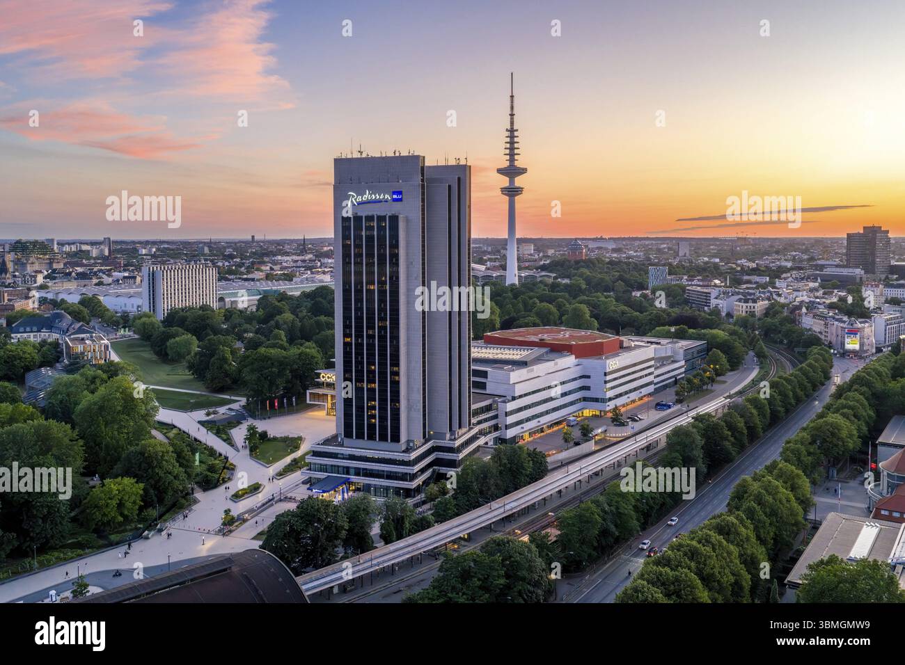 Aerial view of the CCH and Radisson Blue Hotel with television tower ...
