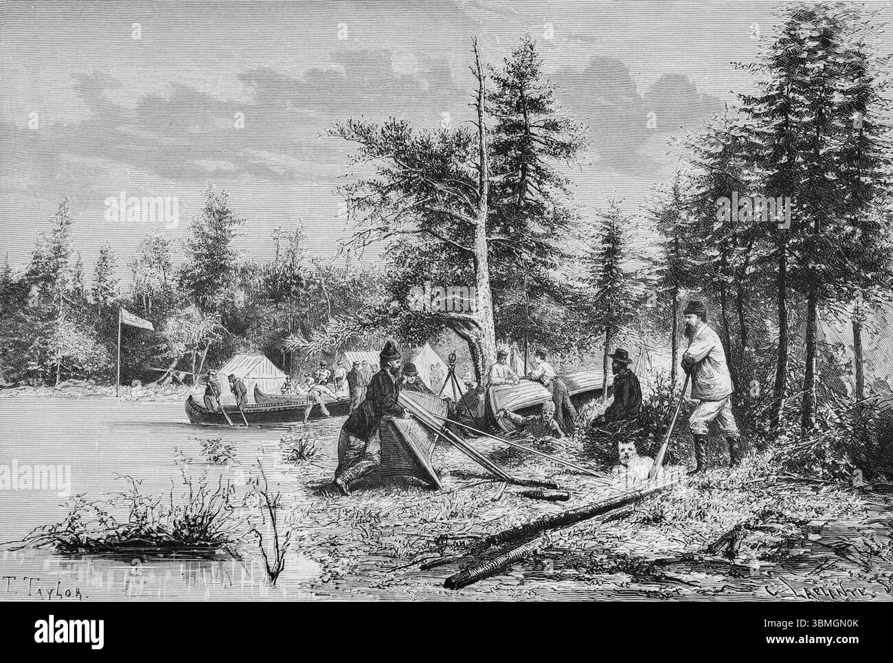 Settlers building a new settlement, lake, forest, tents, flag ...