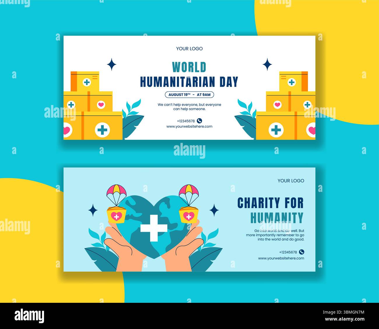 World Humanitarian Awareness Horizontal Banner with Flat Cartoon Hand ...