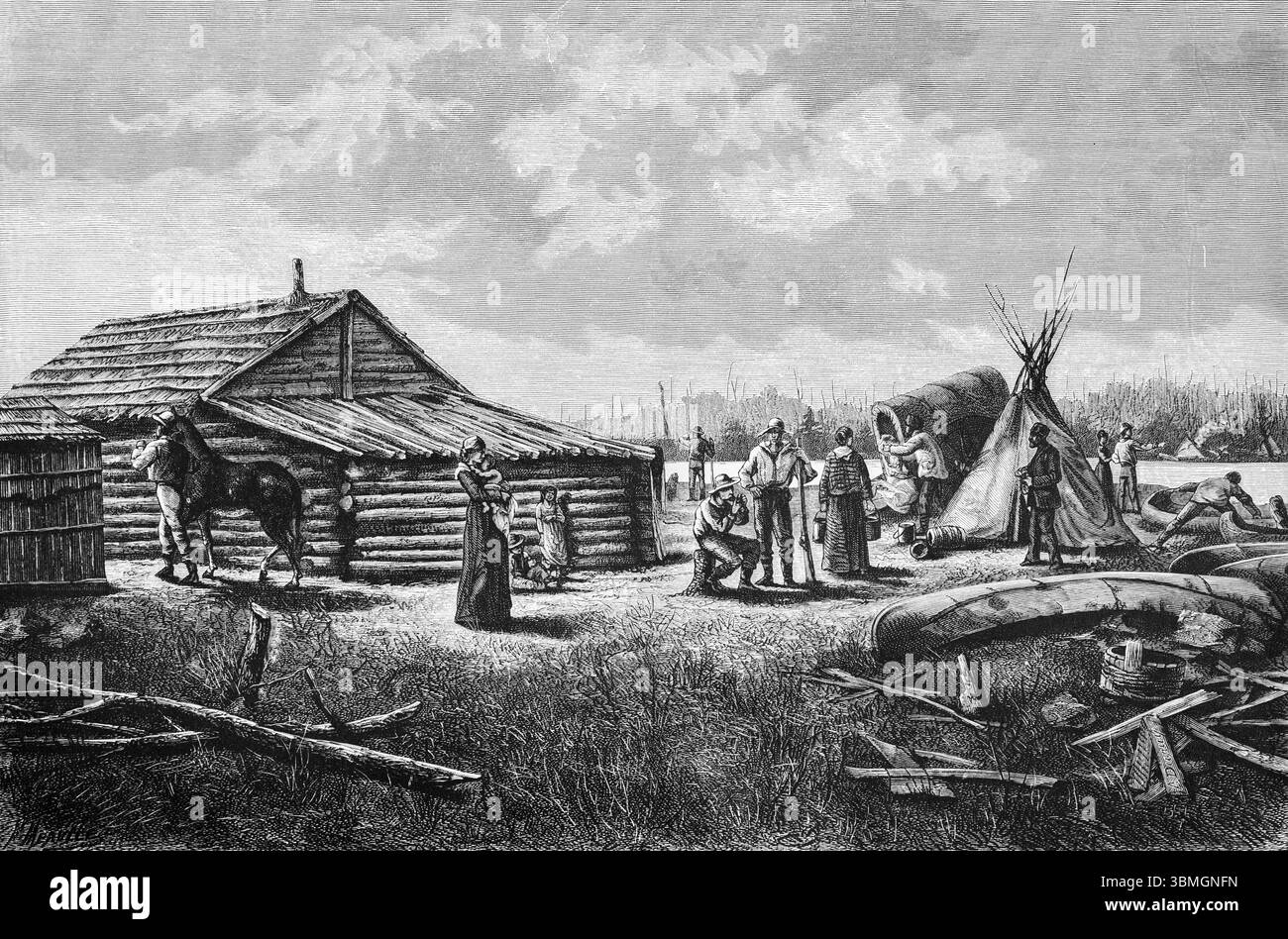 Northwest trading post, settlement, immigrants, wooden house, yurt tent ...