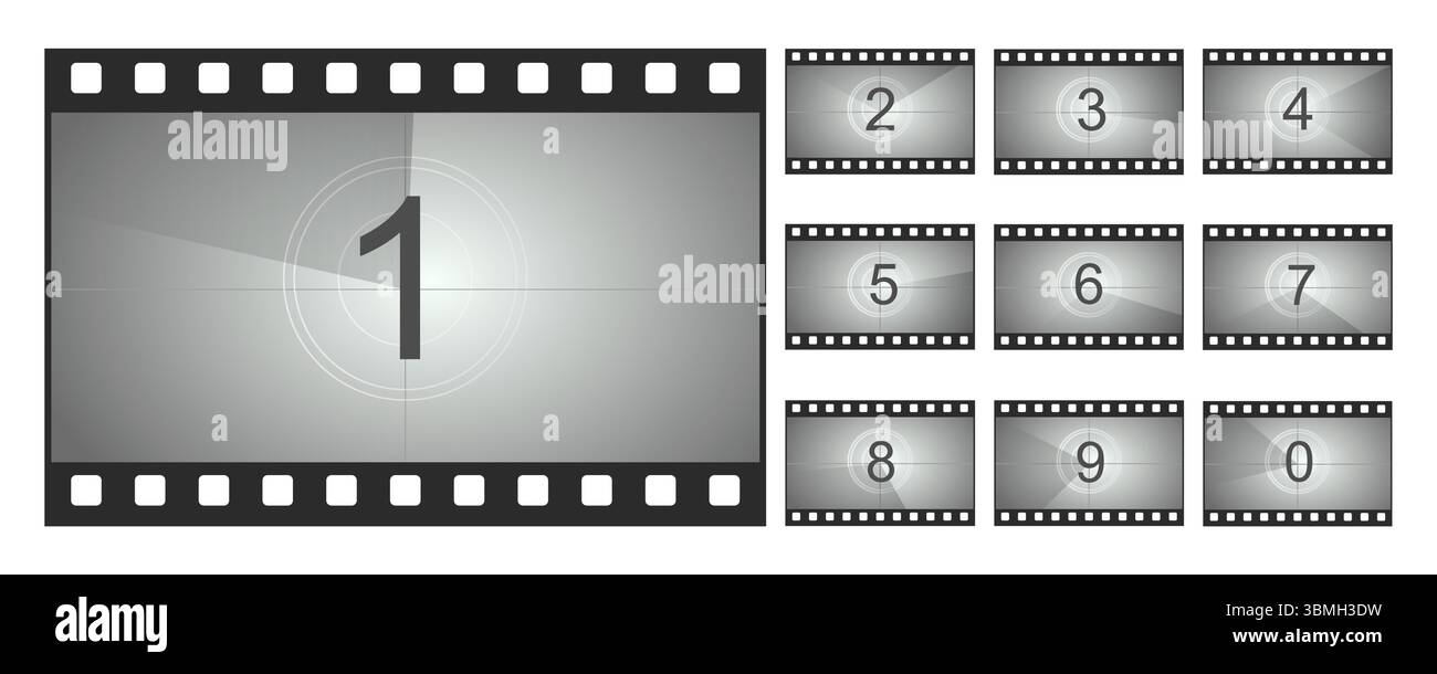 Countdown movie frame, film intro animation retro video screen. Start ...