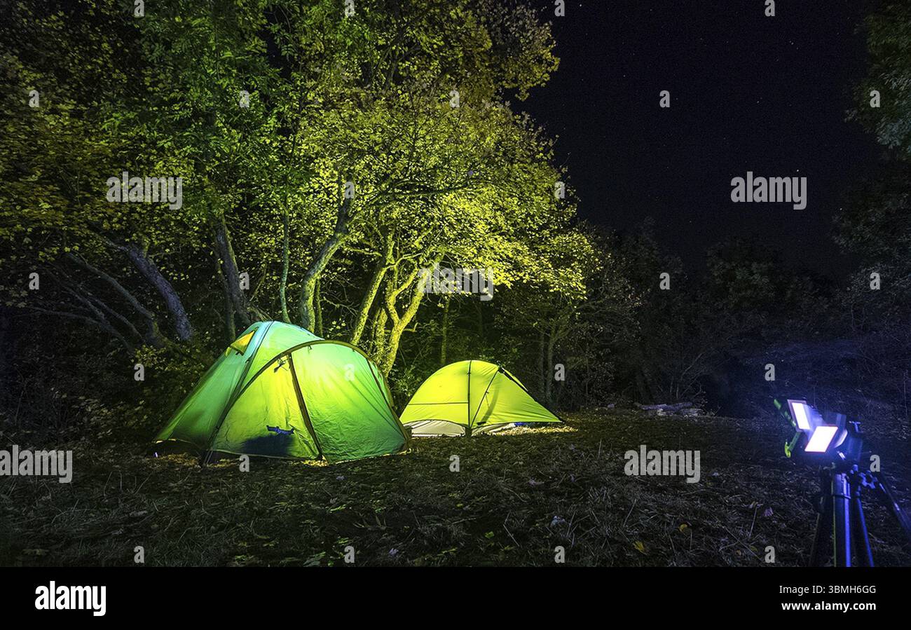 Tourist tents at night in the woods. The lights are on in the tents ...