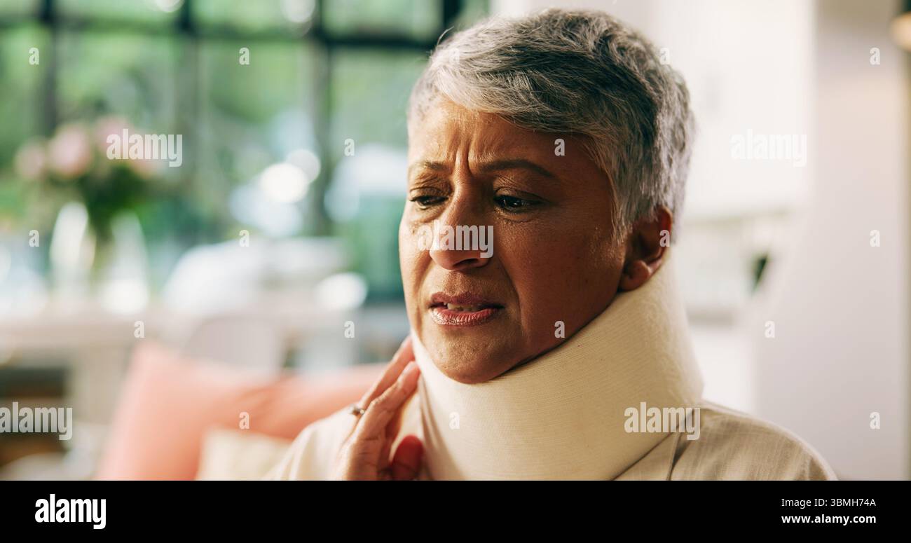 Injury, pain and woman with neck brace, home and discomfort of fracture, thinking or hurt in ...