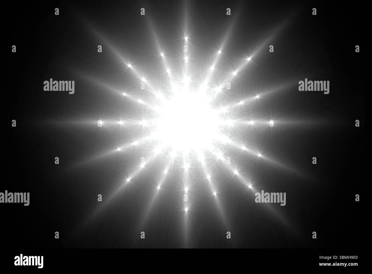 Star-like light burst is radiating geometric grid white rays in dark ...