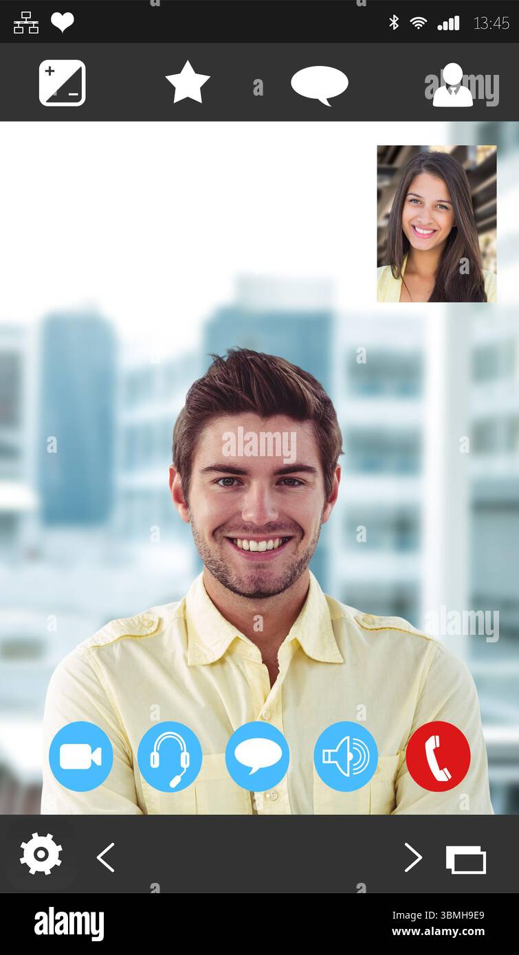 Vector call screen is showing smiling man with inset woman against ...