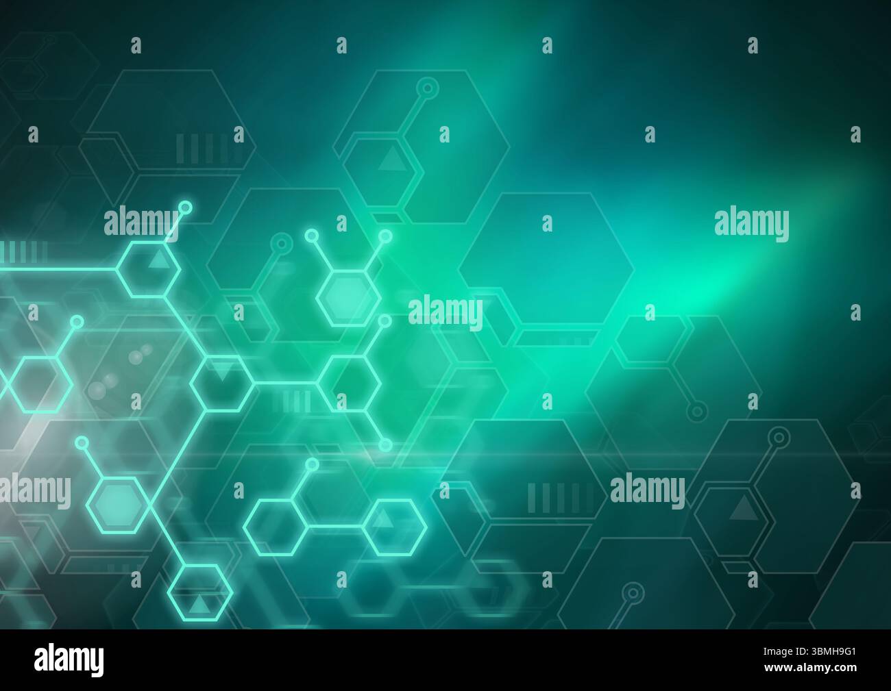 Glowing hexagon network is being shown in flat design interface with ...