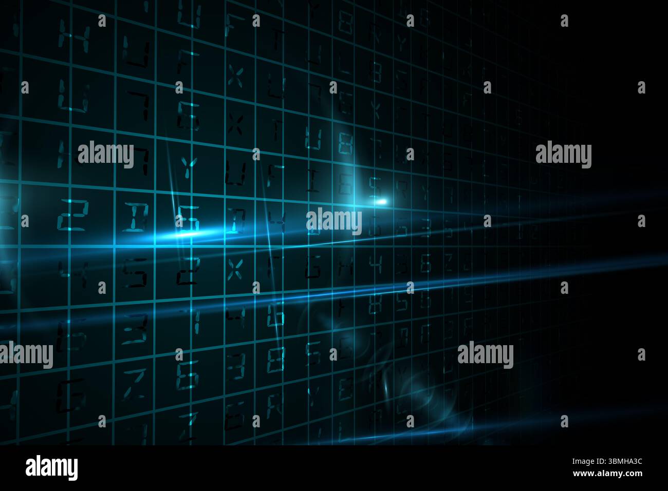 Glowing grid of alphanumeric characters is floating with blue beams ...