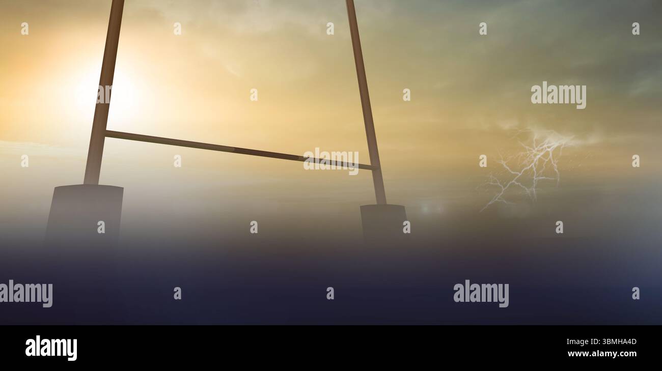Flat design showing H-shaped goal post rising in fog with sun casting ...