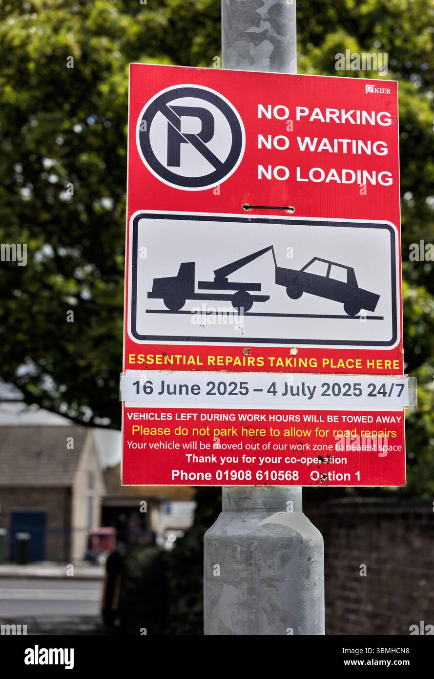 No parking, No waiting, No loading sign due to road works at Corby town ...