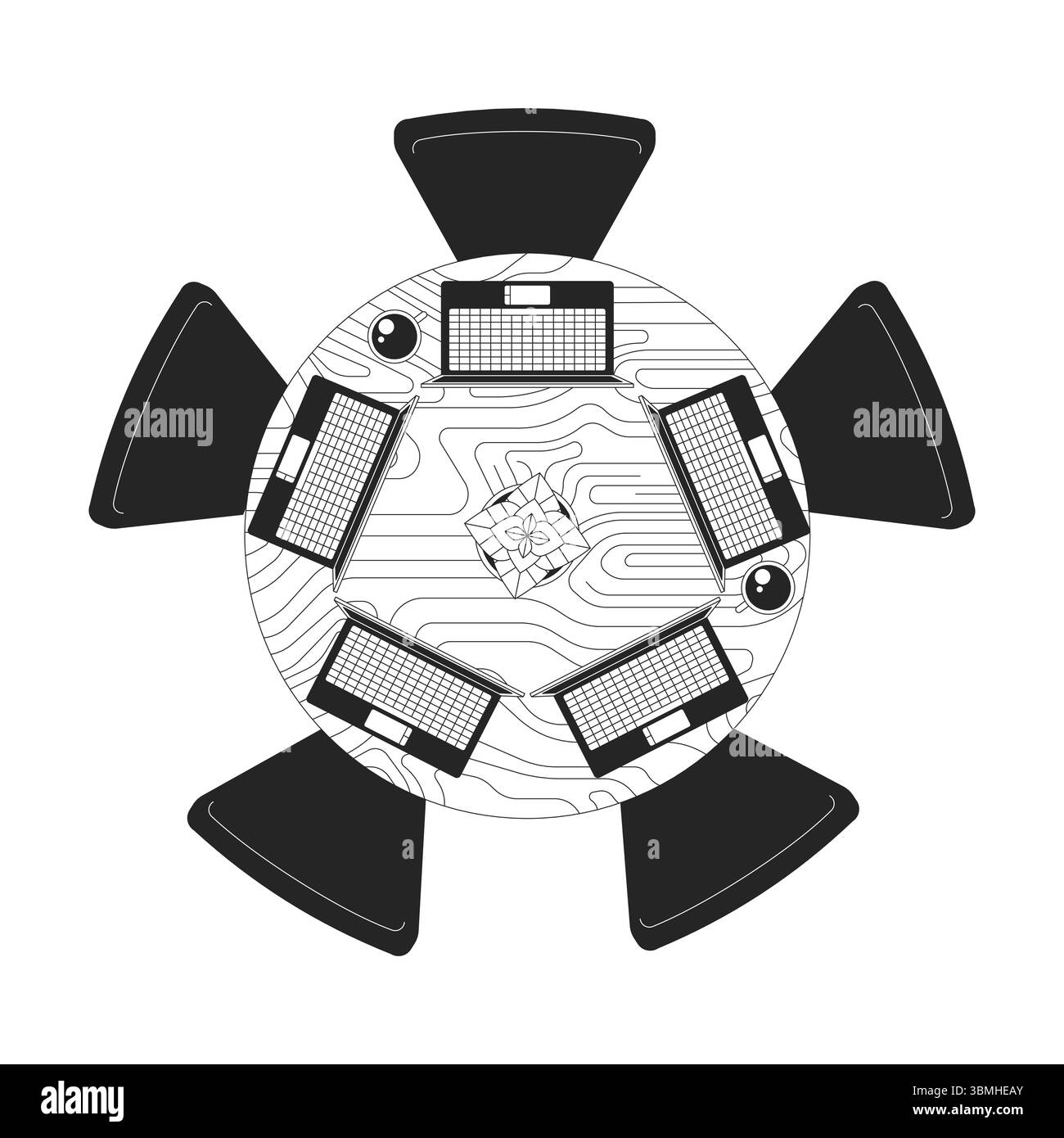 Top view of round table with laptops and coffee mugs 2D line object ...
