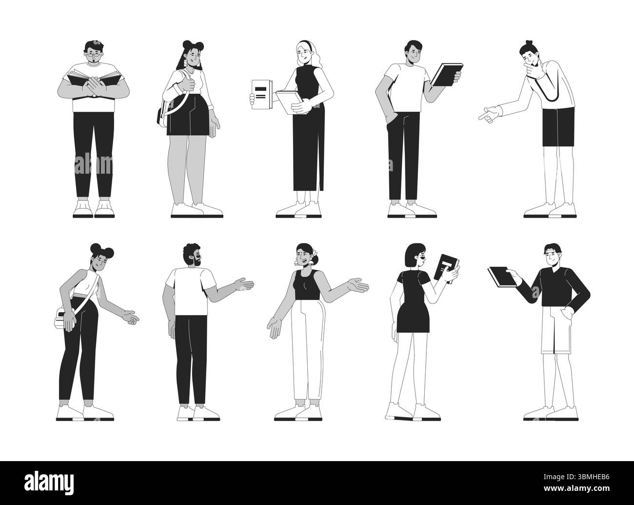 Multicultural young adults standing, engaged with books 2D line ...