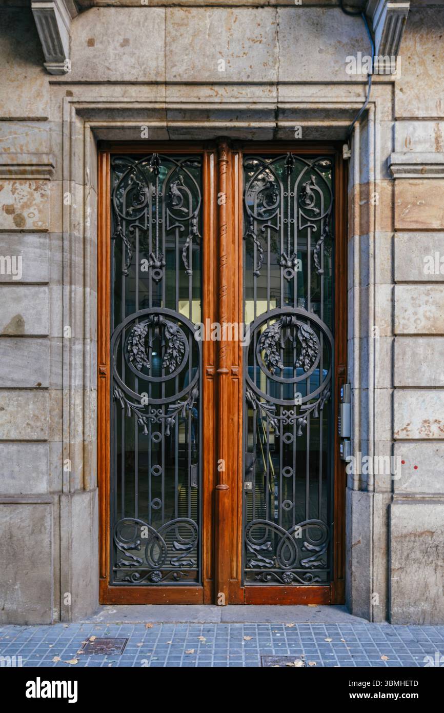 Elaborate Wrought Iron And Wooden Entrance Door Of A Historic Barcelona ...