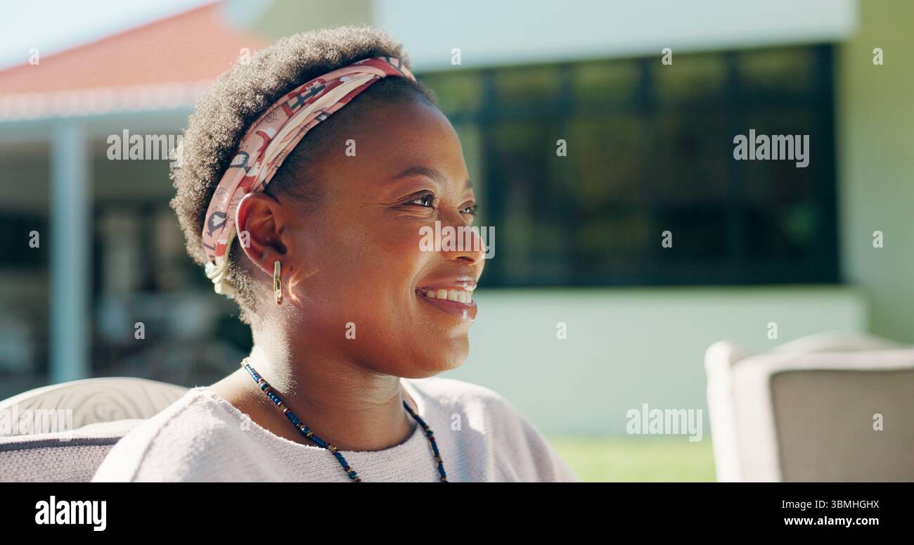 Happy, thinking and black woman outdoor with memory, reflection or ...