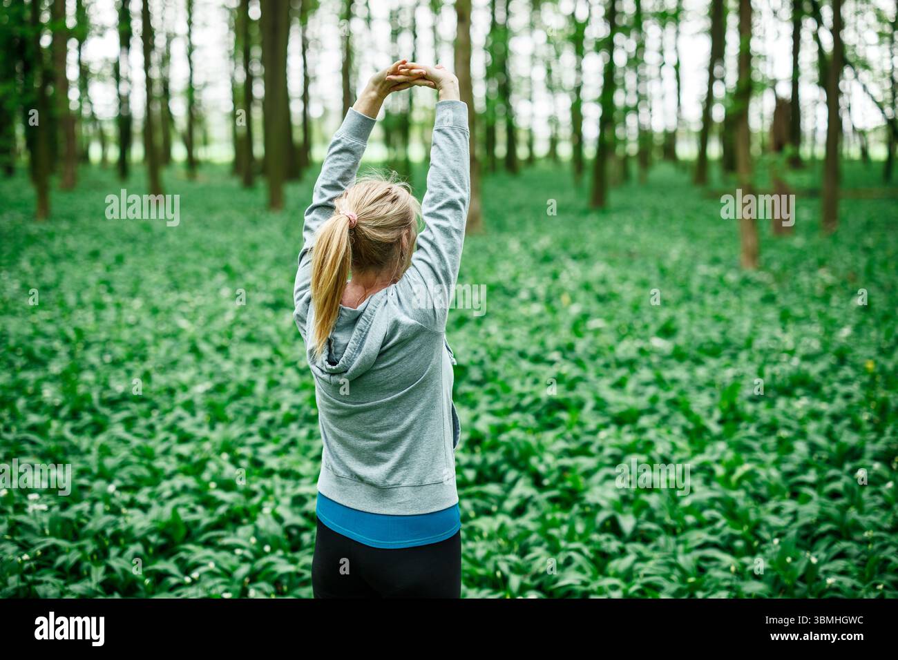 Stretching and warming up exercise. Woman lifting arms above head for ...