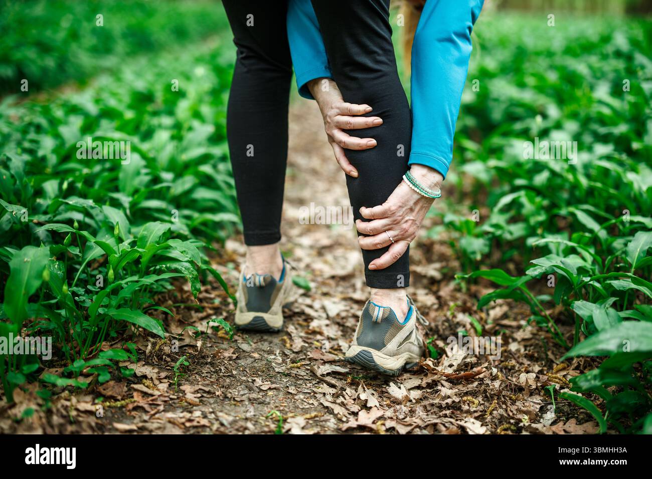 Woman touching her calf on footpath, suffering from leg pain or cramp ...