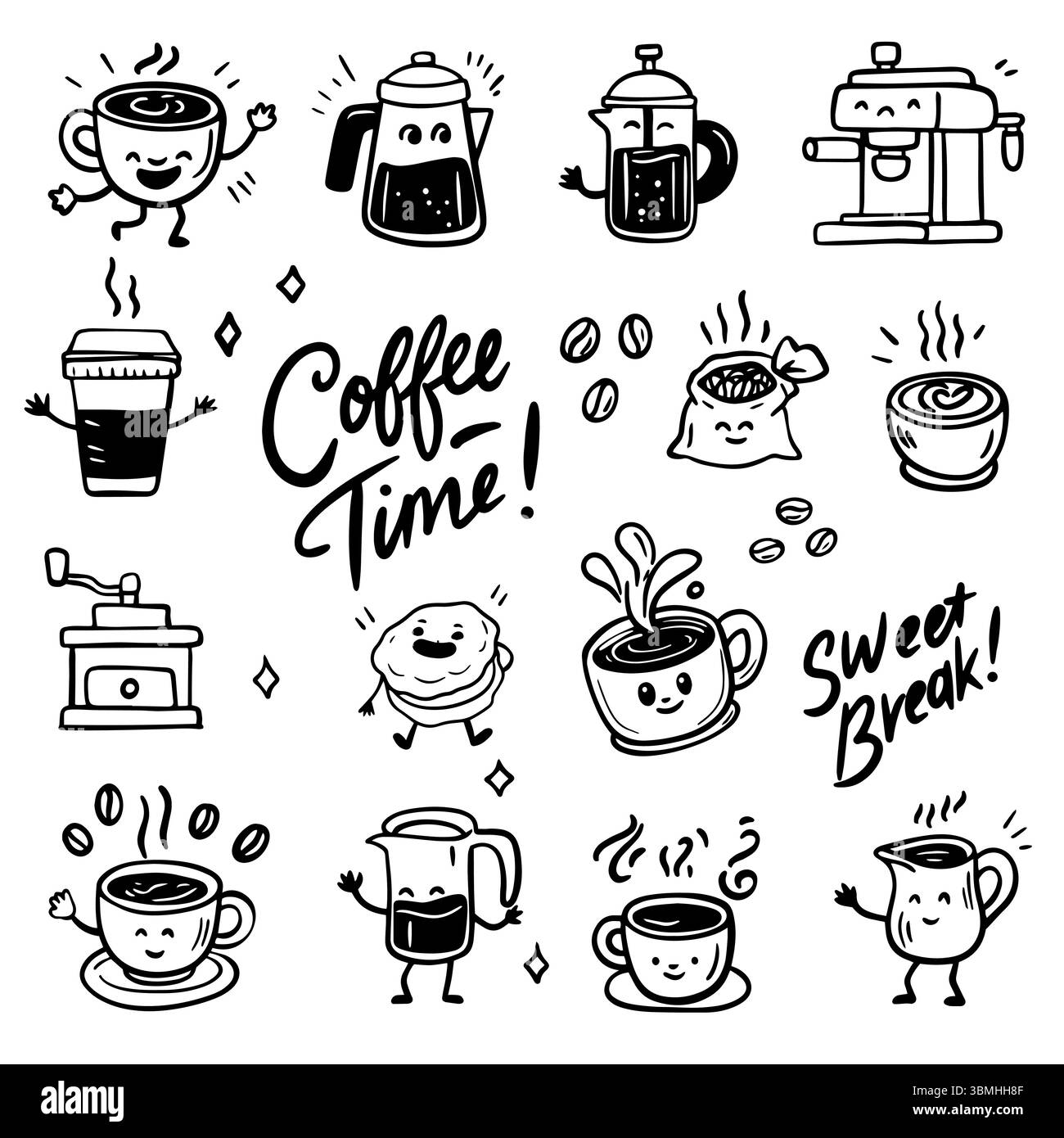Funny cartoon characters. Coffee time illustration of cup of tea ...