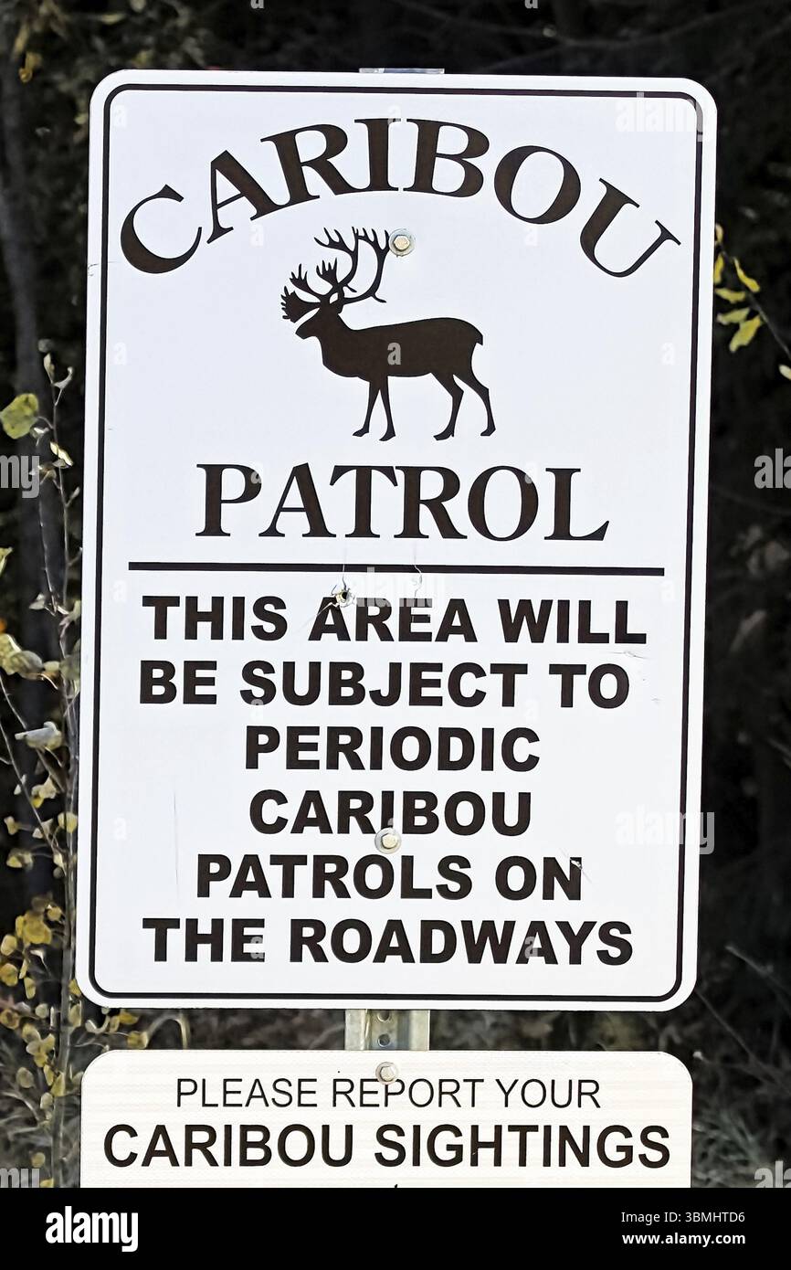 A caribou patrol sign indicating to report sightings Stock Photo - Alamy