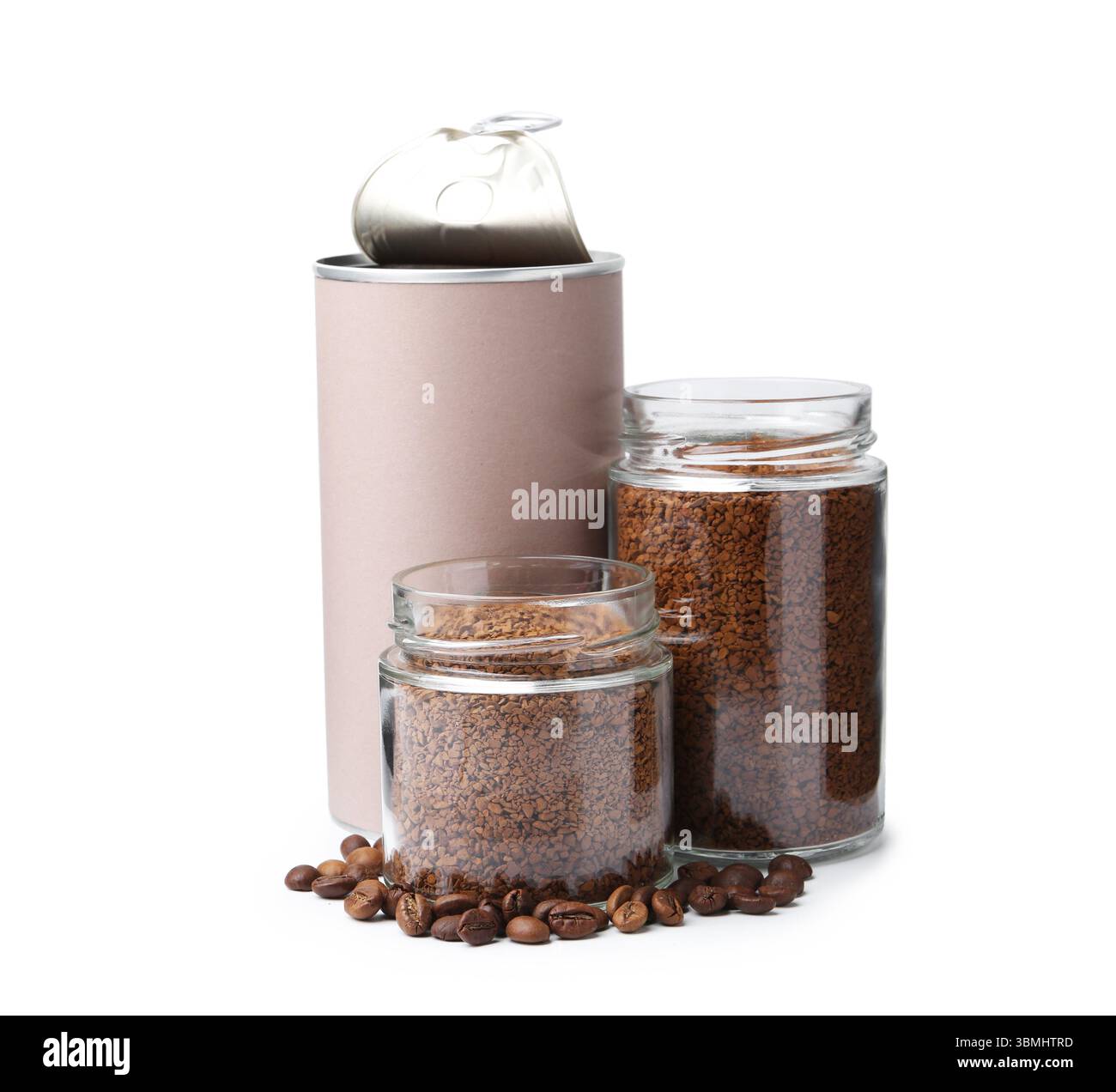 Instant coffee in jars and beans isolated on white Stock Photo - Alamy