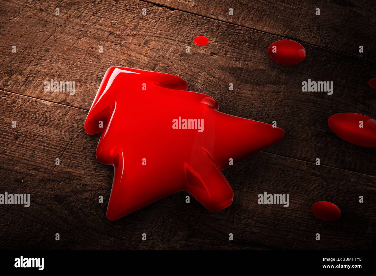 3D glossy red liquid arrow is resting on rustic wooden plank surface ...