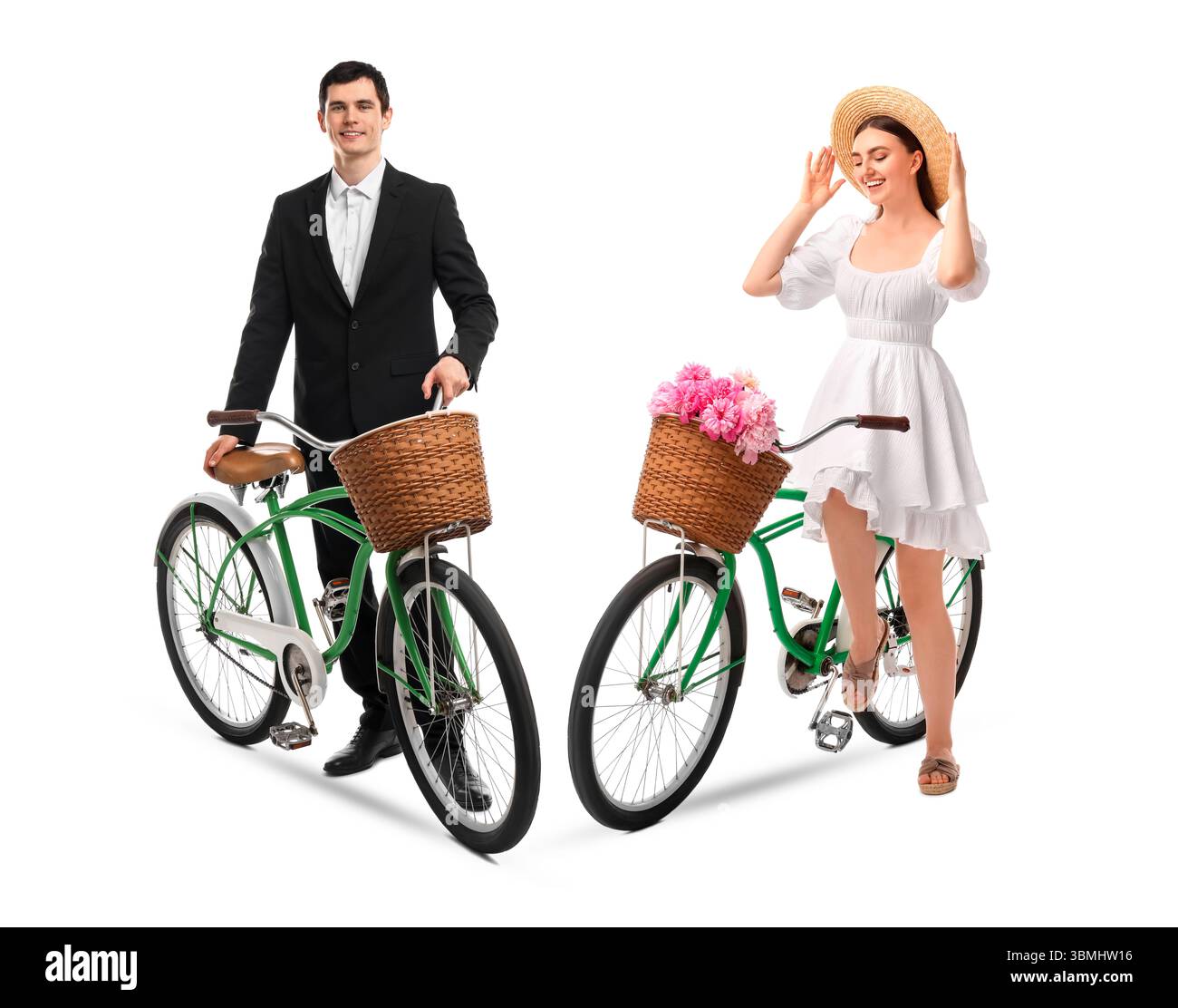 Handsome man and beautiful woman with bicycles on white background ...