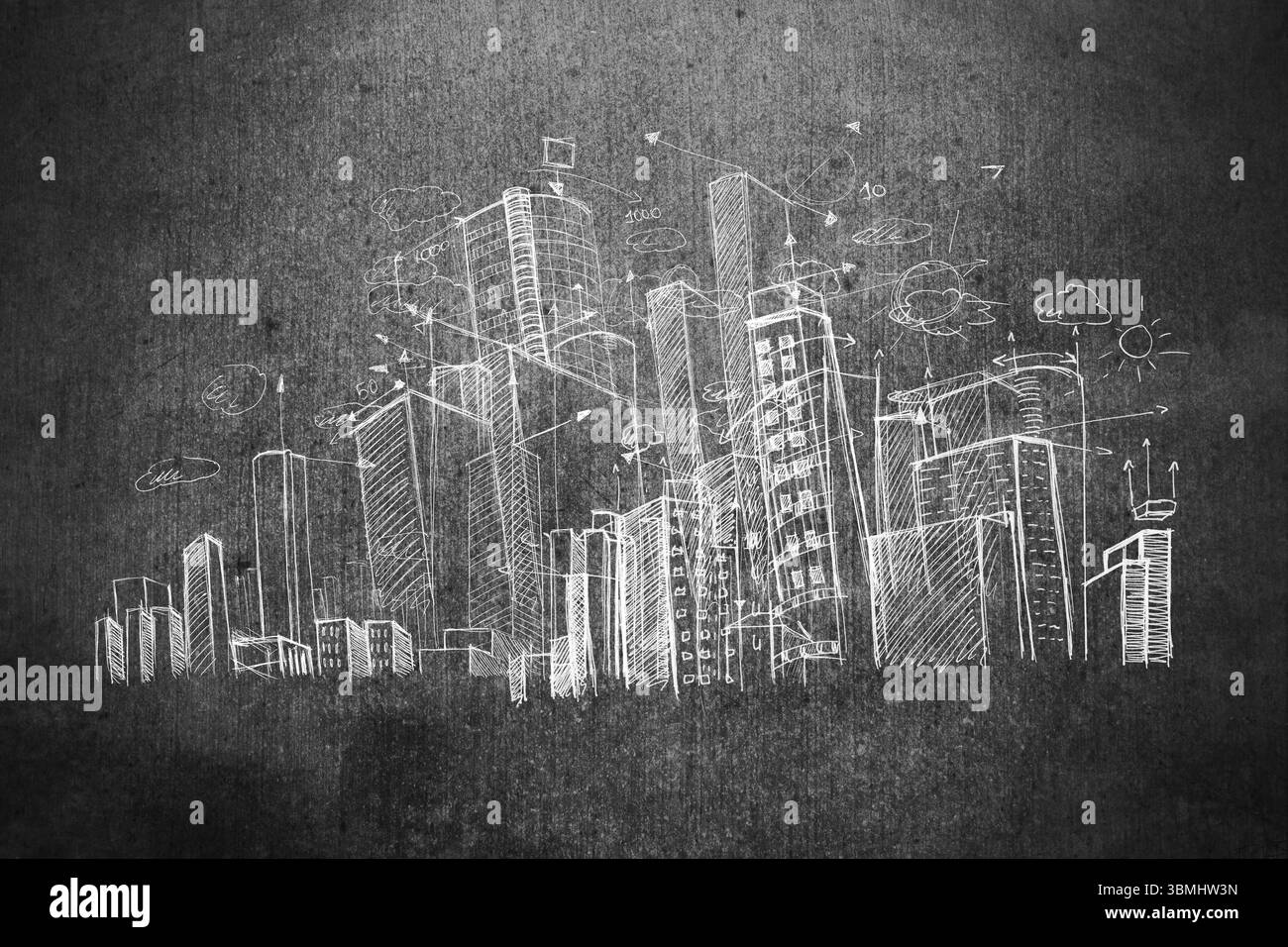 Monochrome chalkboard skyline sketch is showing buildings, arrows ...