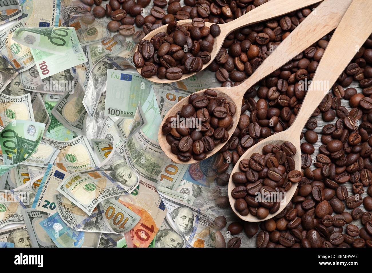 Rising coffee price. Roasted beans and money, double exposure Stock ...