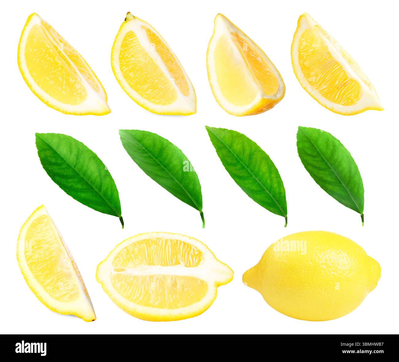 Fresh lemons and green leaves on white background, collage. Citrus ...