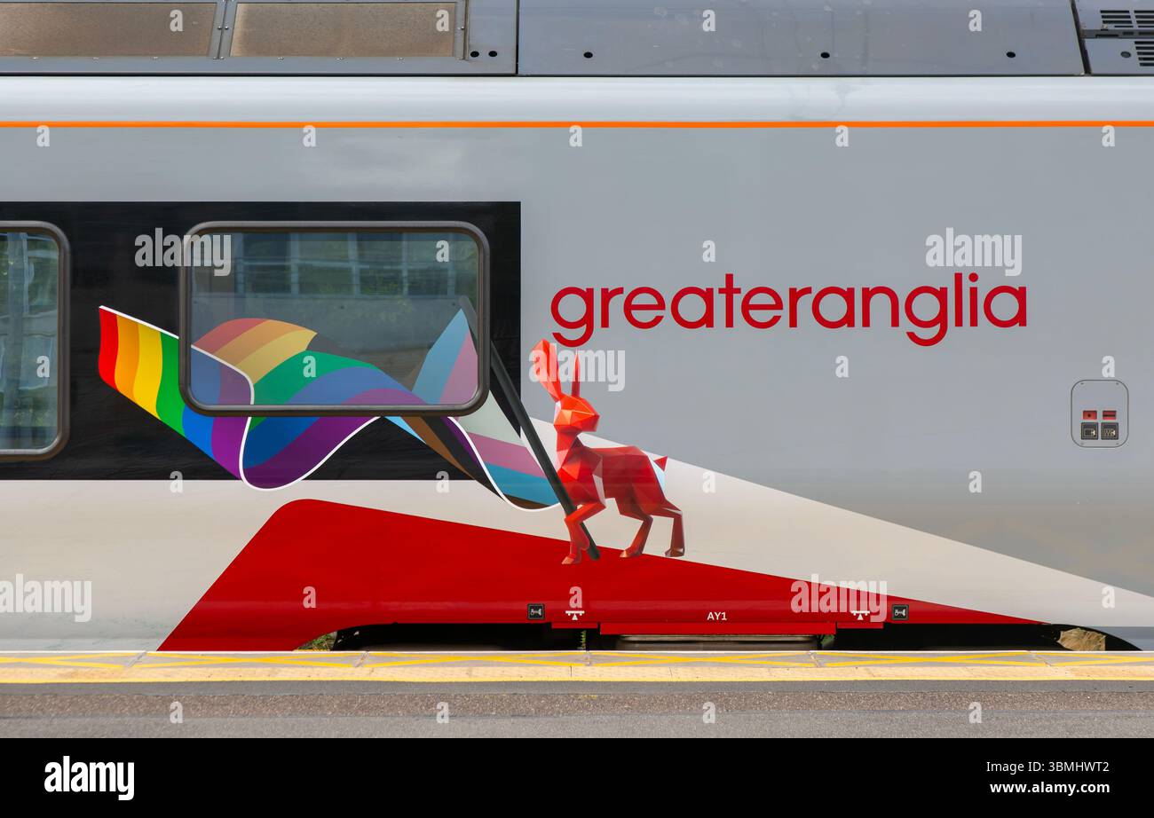 Greater Anglia hare livery design on passenger train, Ipswich railway ...